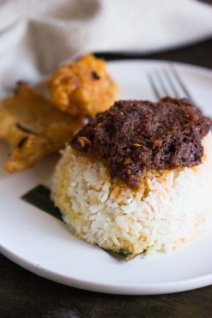 Fragrant coconut rice pairs well with sambal
