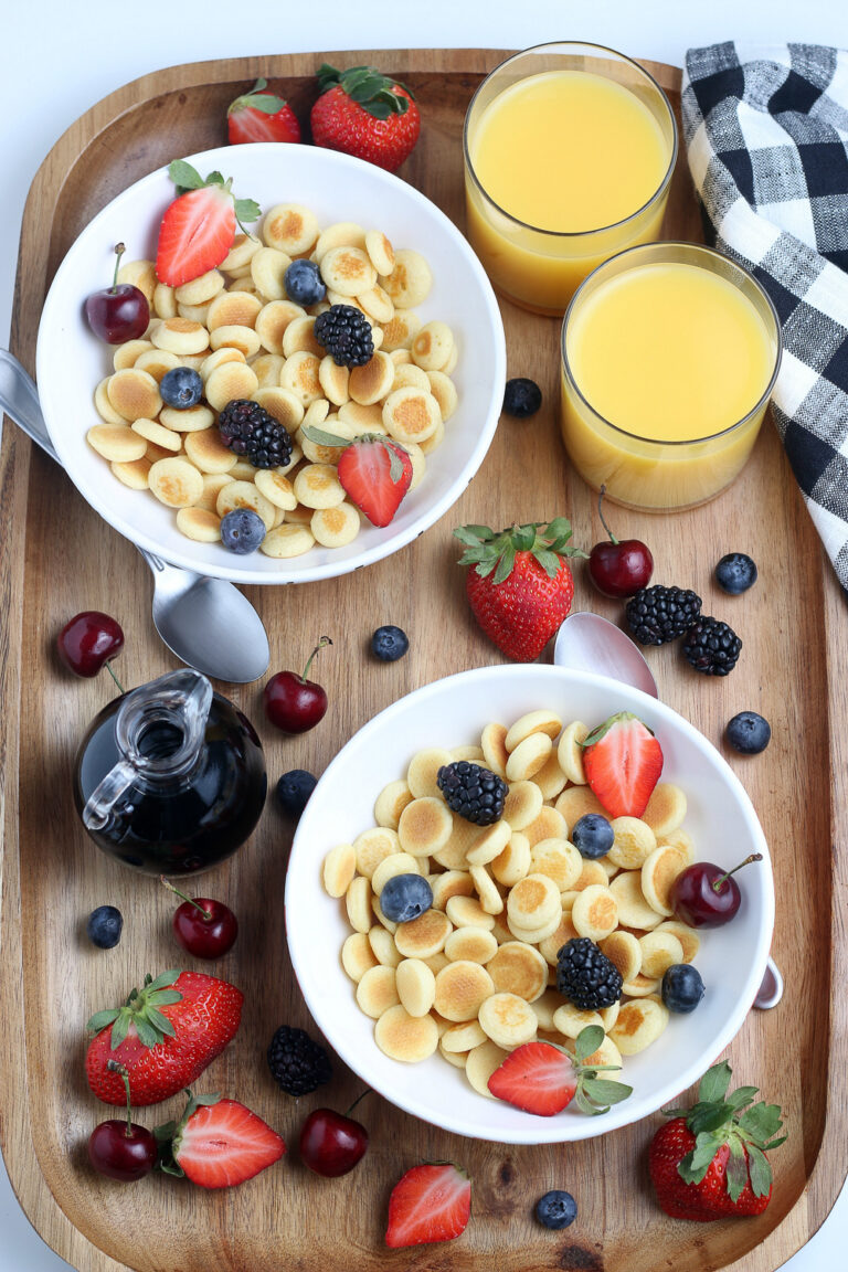 This mini pancake cereal makes a cute and easy breakfast!